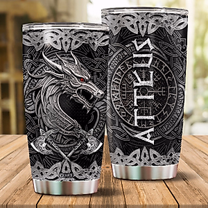 WONWIX Personalized Dragon Viking Tumbler Gifts for Men Dad Husband Friends Dragon Lovers Insulated Stainless Steel 20oz With Lid Travel Cup Coffee Mug Water Bottle Gift