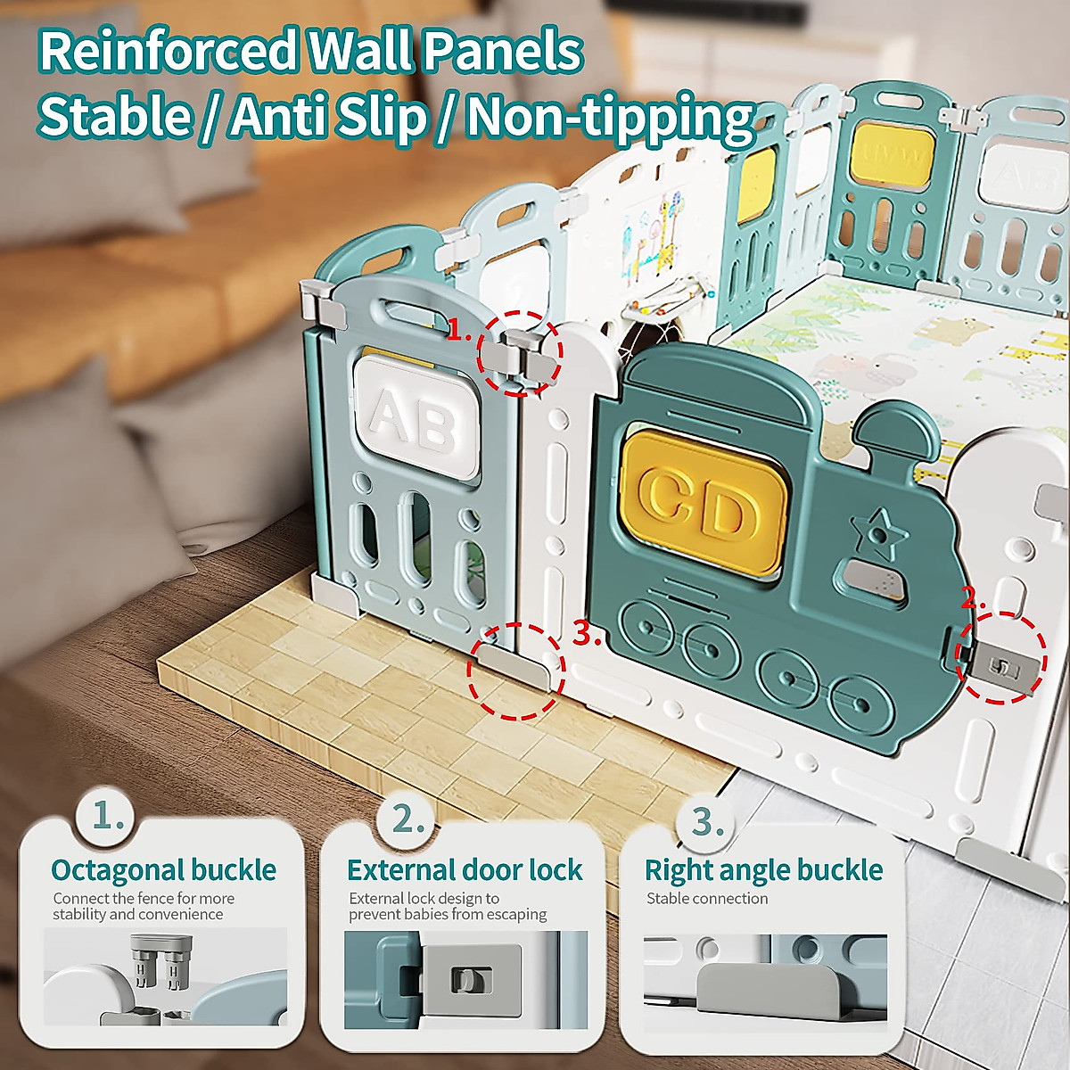 UNICOO – Baby Playpen, Foldable Kids Fence Activity Center, Safety Playard with Games Station Non-Slip Rubber Bases, Adjustable Shape, Portable Design (ZC-001-MGW Mint Green+White)