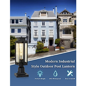 EERU Outdoor Post Light Fixtures 18" Large Exterior Post Lantern with Pier Mount Base IP65 Waterproof Black Finish with Seeded Glass Pier Mount Light Outdoor Pole Light for Patio, Porch, Yard, Garden