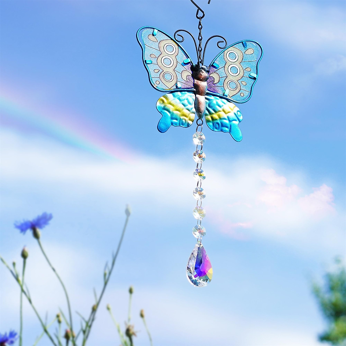 Set 2 Metal Butterfly Suncatchers for Windows - 14" Outdoor Fence Wall Art Decor, Rainbow Prisms Sun Catchers with Crystals Hanging for Home Garden Ornament