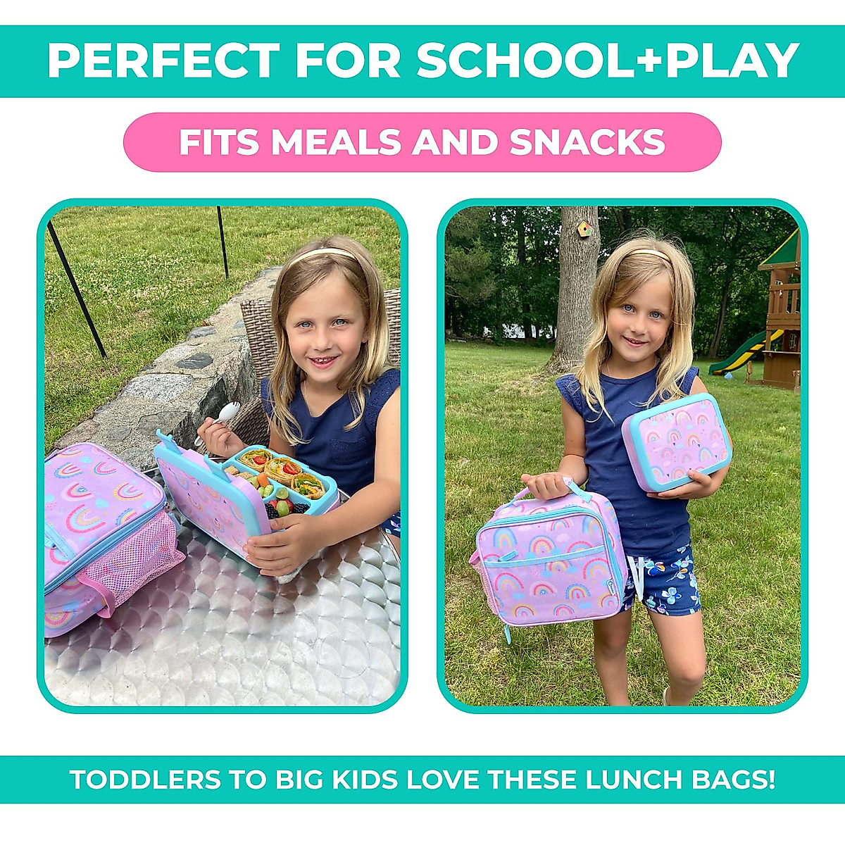 Bento Lunch Box with Thermos for Kids Set, Insulated Lunch Bag with Ice Pack, Stainless Steel Food Jar for Hot Soup, Boxes with 4 Compartments, Purple Rainbow