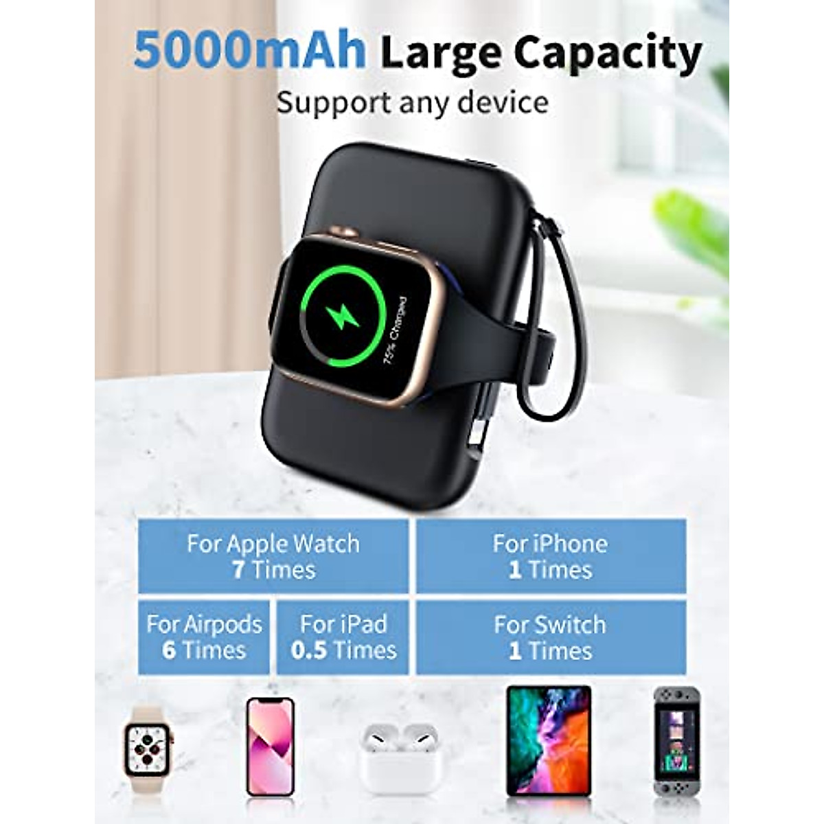 RORRY Portable Apple Watch Charger,5000mAh iWatch Wireless Charger Power Bank with Built in Cable,Travel Keychain Charger for Apple Watch Series 8/Ultra/7/6/Se/5/4/3/2,iPhone 14/13/12/12/11