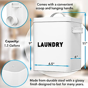 Metal Laundry Room Container - Modern Farmhouse White Detergent Powder Storage, Organization, and Decor Display Canister Box