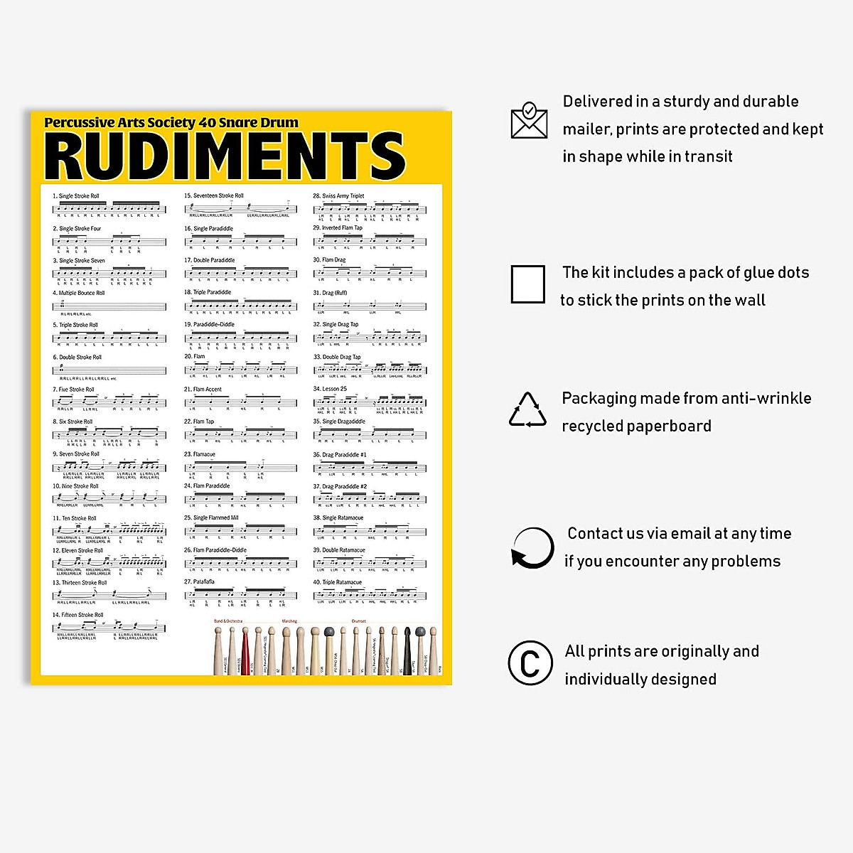 CORANGE Rudiment Chart Poster, Drum Chart Poster for Drummer Beginner, Drum Rudiment Poster, Music Wall Decor for Drummer, Drummer Boy Set, Snare Chord, Drum Knowledge Poster Chart.
