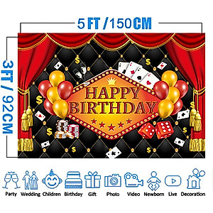 MEETSIOY Casino Birthday Backdrop Red Curtain Gold Tassel Photo Booth Card Chip Banner Decorated with Alaskan Party Photo Supplies 5x3ft RBJGJMT151