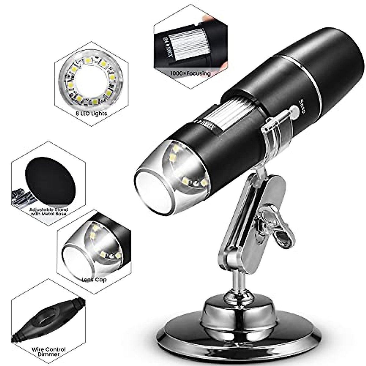 Lady House Handheld USB Digital Microscope with Metal Stand, Portable HD 1000 X Magnification Inspection Camera with 8 LED Light for Android Mac Windows Computer