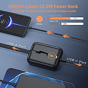 ODGUV Portable Charger,10000mAh 22.5W Fast Charging USB C Power Bank,High-Speed Small Phone Charger Built in Cable,LCD Display External Battery Pack for iPhone Samsung iPad LG