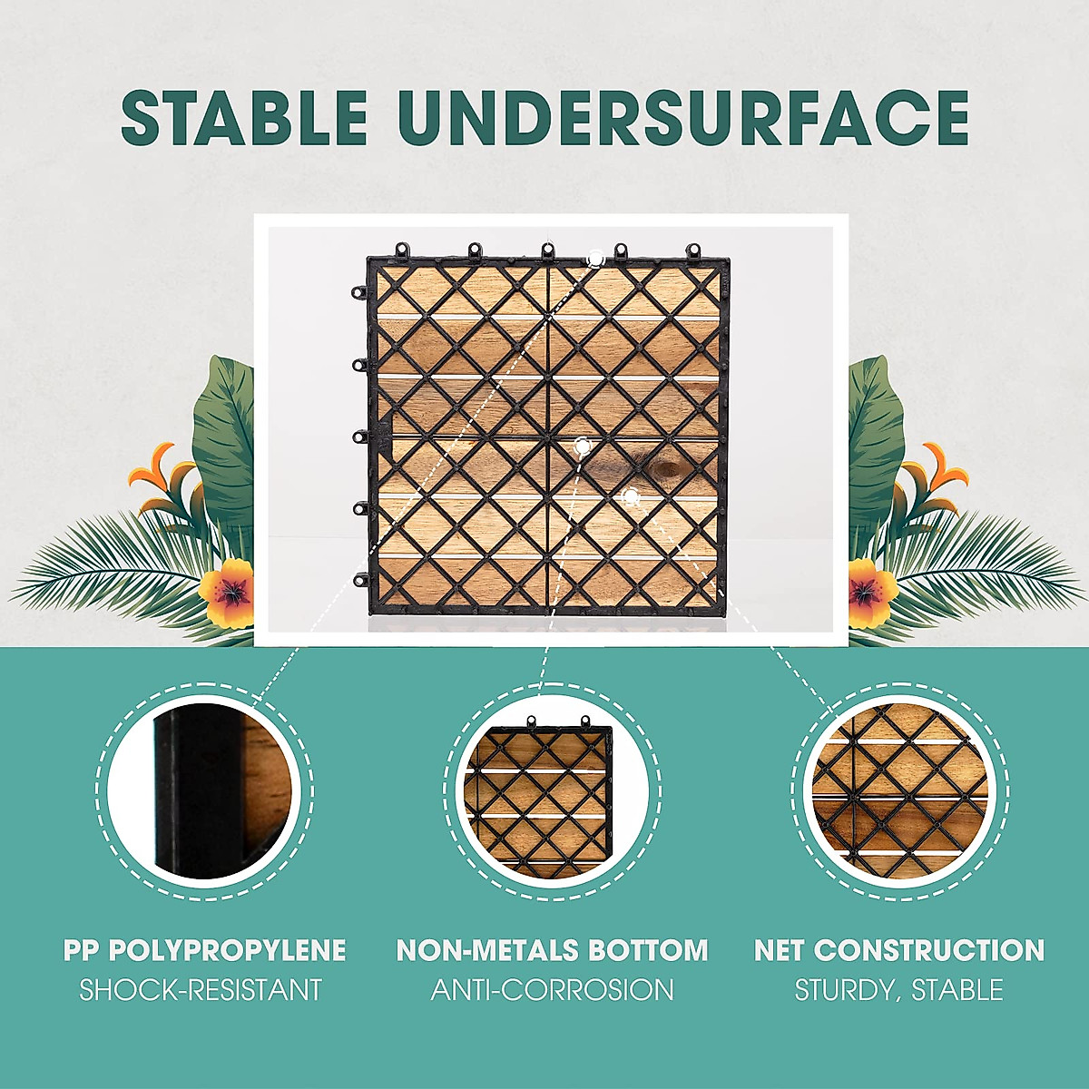 Idzo Interlocking Deck Tiles - 20PCS Waterproof Acacia Wood Patio Tiles, Flooring Tiles for Both Indoor and Outdoor - Decking 2 Style 12 Slats and 6 Slats, Golden Teak, 12 x 12 x 0.9 inches