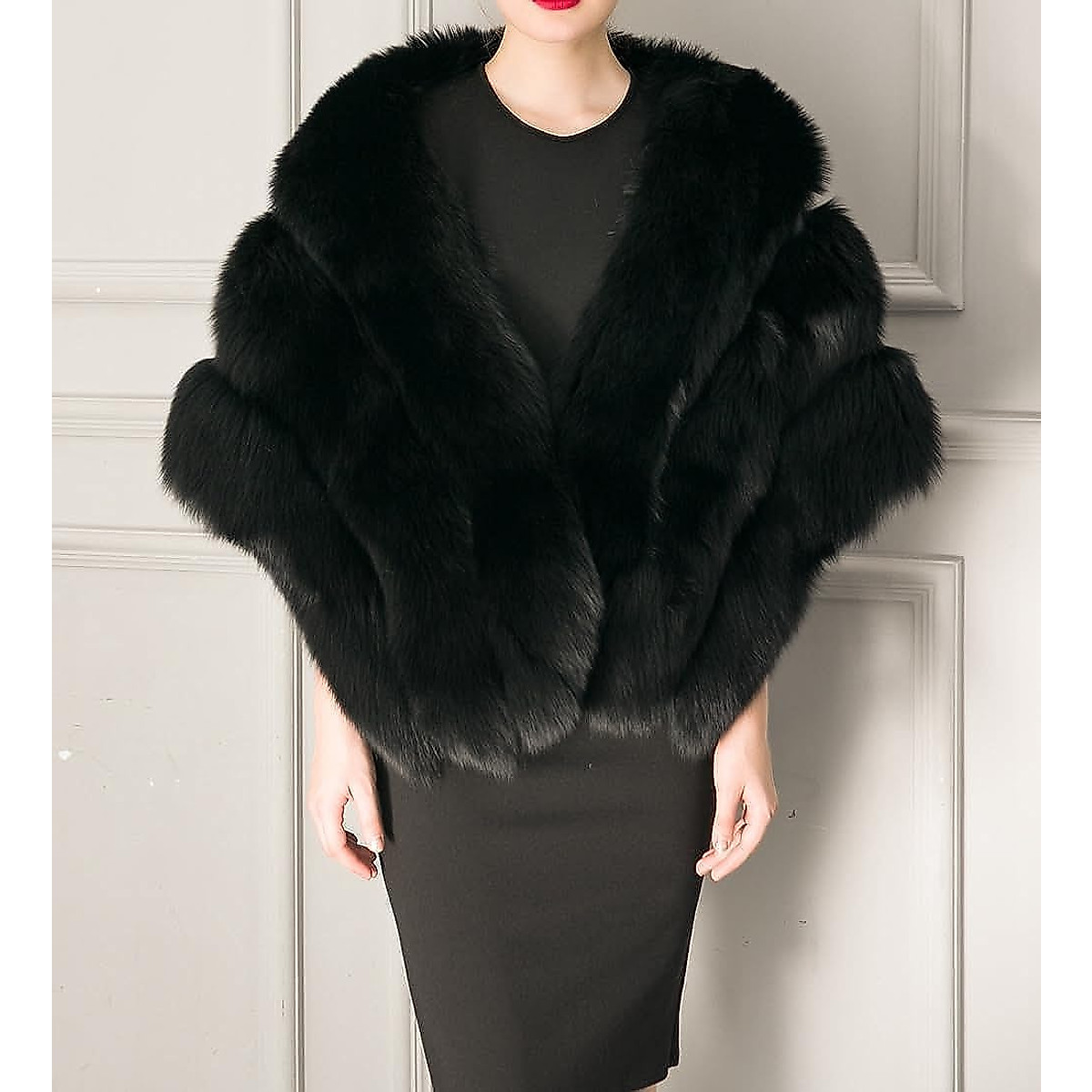 UMREN Women's Luxury Party Faux Fox Fur Long Shawl Cloak Cape for Winter Black A