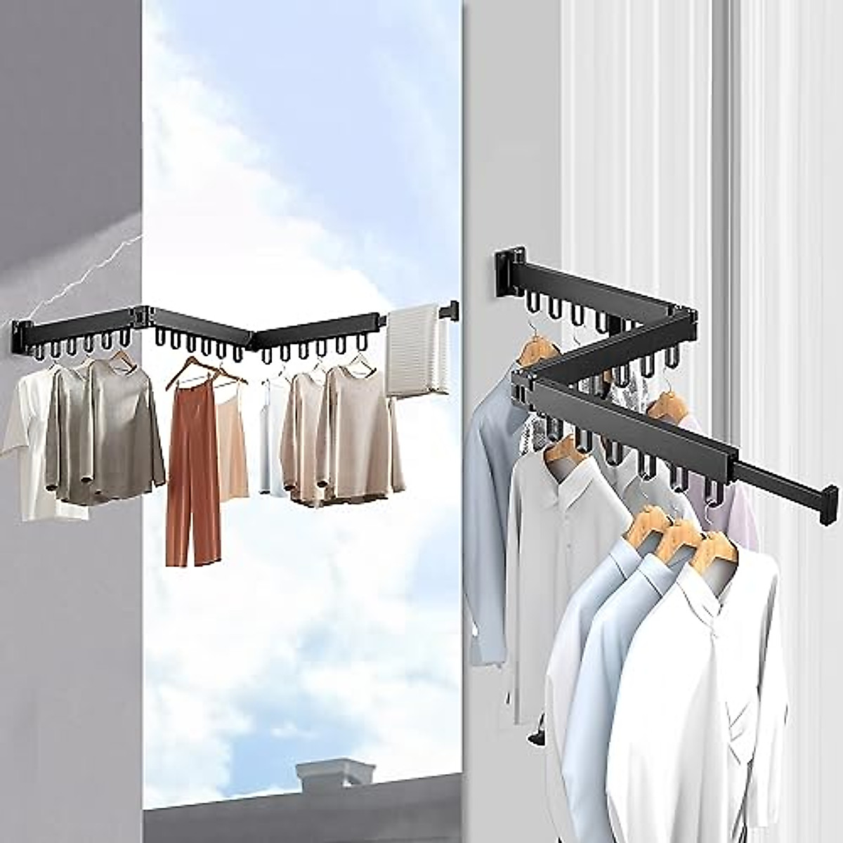 SOCONT Clothes Drying Rack，Black Wall Mounted Clothes Hanger Rack Expandable, Space Saving, Used in Balcony, Laundry Room, Bathroom.