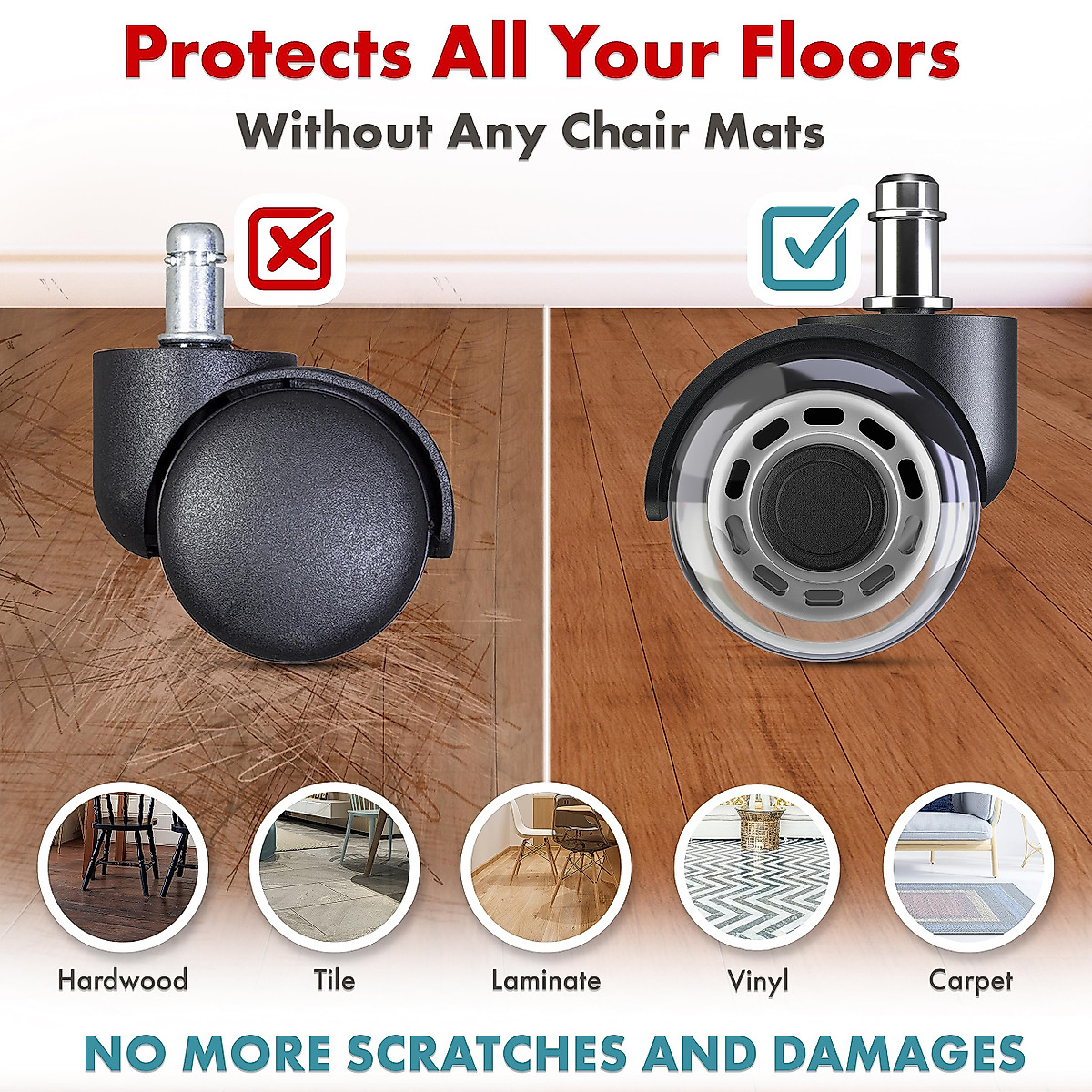 SEDDOX Office Chair Wheels Replacement Set of 5 - Dual 2 Inch Soft Chair Casters for Hardwood Vinyl Tile - Heavy Duty & Safe for All Floors - Fits 98% of Computer Gaming & Office Chairs - Grey