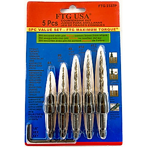 FTG USA Countersink Drill Bit Set 5 Pc #4#6#8#10#12 Tapered Drill Bit for Woodworking