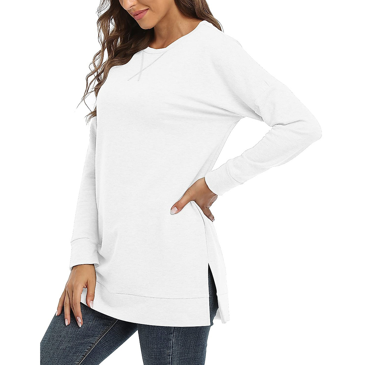 BETTE BOUTIK Plain white Tunic Womens Long Sweatshirt cotton Crewneck Sweatshirt Tops Long Sleeve Sweatshirts Plain Women's Plus Size Tops White Medium