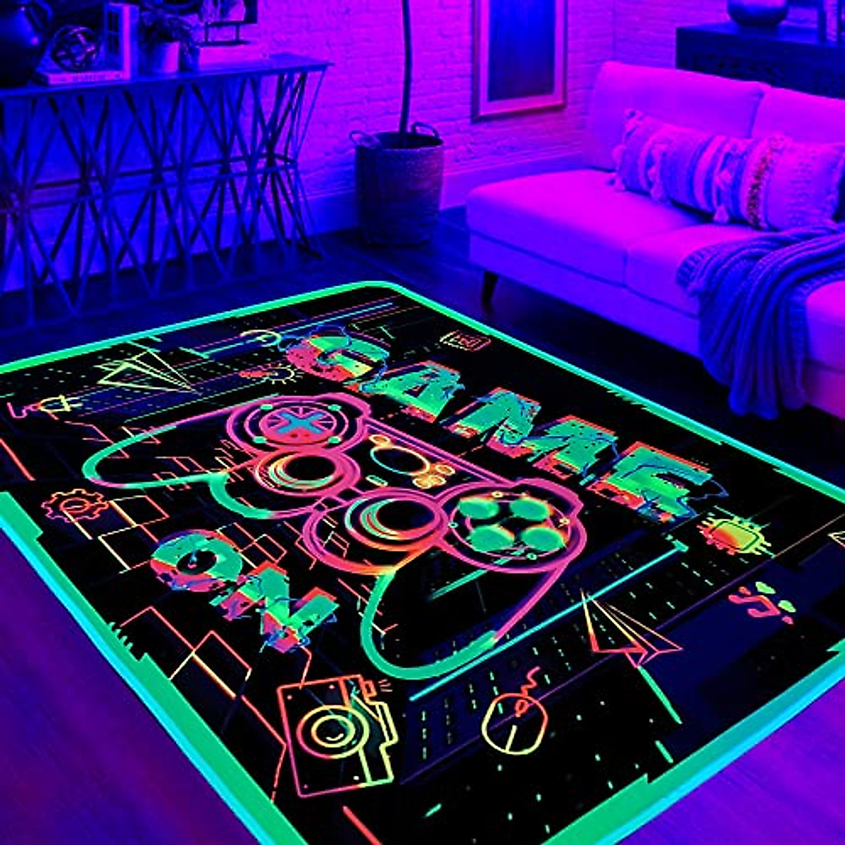 Csivoisw Gamer Area Rug Gaming Rug for Boys Bedroom Blacklight Game Printed Carpet Glow in The Dark Gamer Rug Playroom Large Non-Slip Rug Teen Boys Girls Game Room Floor Mat 60x39 Inch