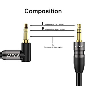 J&D 1/8 Stereo Cable, 3.5mm Extension Double Male Stereo Audio Aux Jack to Jack Cable 90 Degree Right Angle for Phone Tablet MP3 Player and All Other Devices, 10 Feet