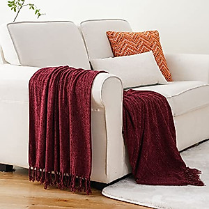 BATTILO HOME Burgundy Chenille Throw Blanket for Couch, Decorative Fringe Velvety Red Throw Blanket for Sofa Home Décor, 50"x60"