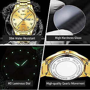 OLEVS Gold Watch for Men, Big Face Stainless Steel Watch, Easy to Read Analog Quartz Watch with Day Date, Waterproof Luminous Men's Dress Wrist Watch