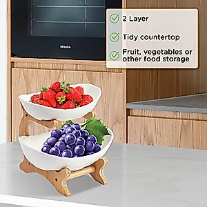 ERFEI Fruit Bowl Oval Ceramic Bowls with Wood Rack Tied Serving Tray Food Display Stand Bowl for Kitchen Counter, Home, Parties (2 tier)