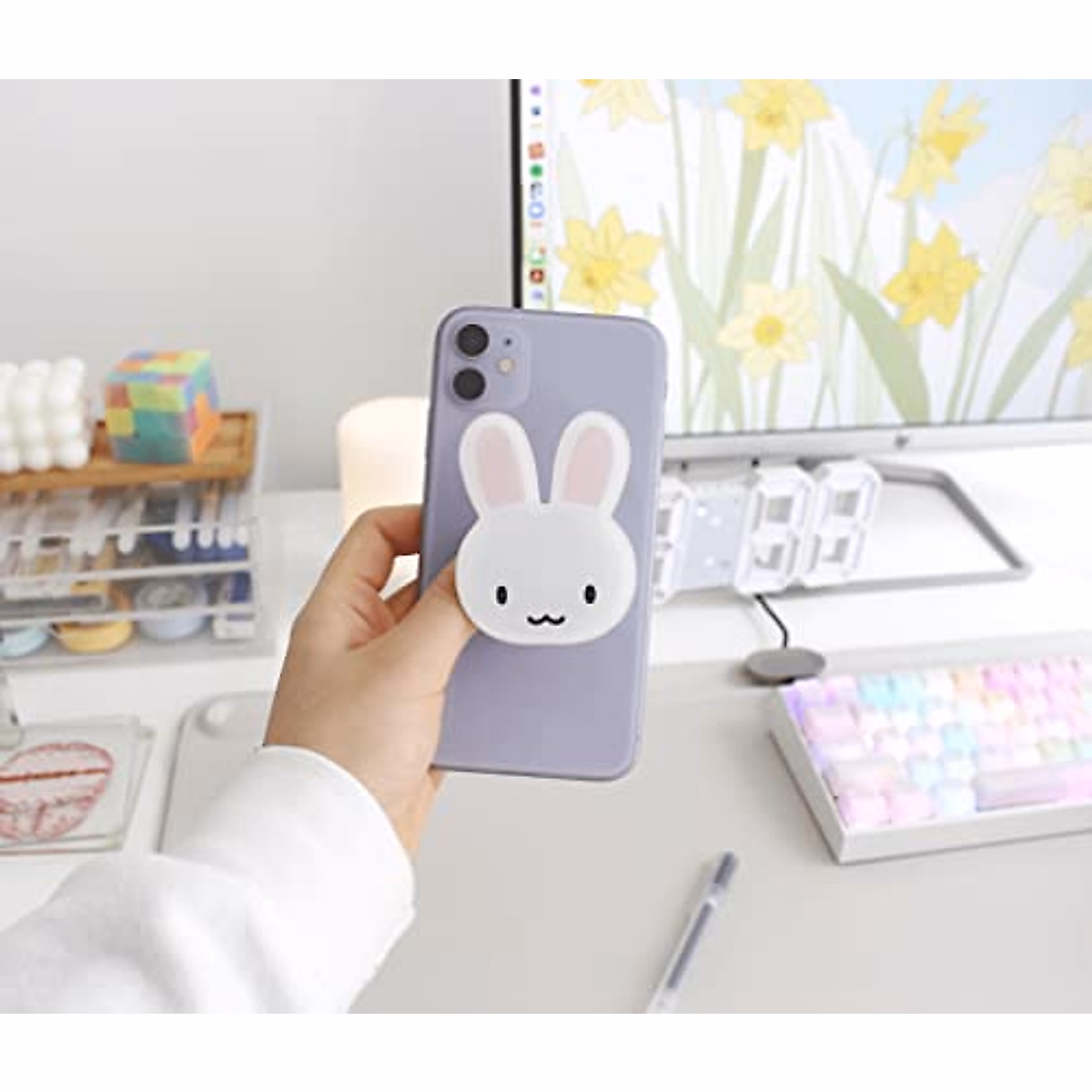 Bunny Rabbit Phone Grip Phone Charm | Phone Stand, Phone Mount, Grip tok (White)