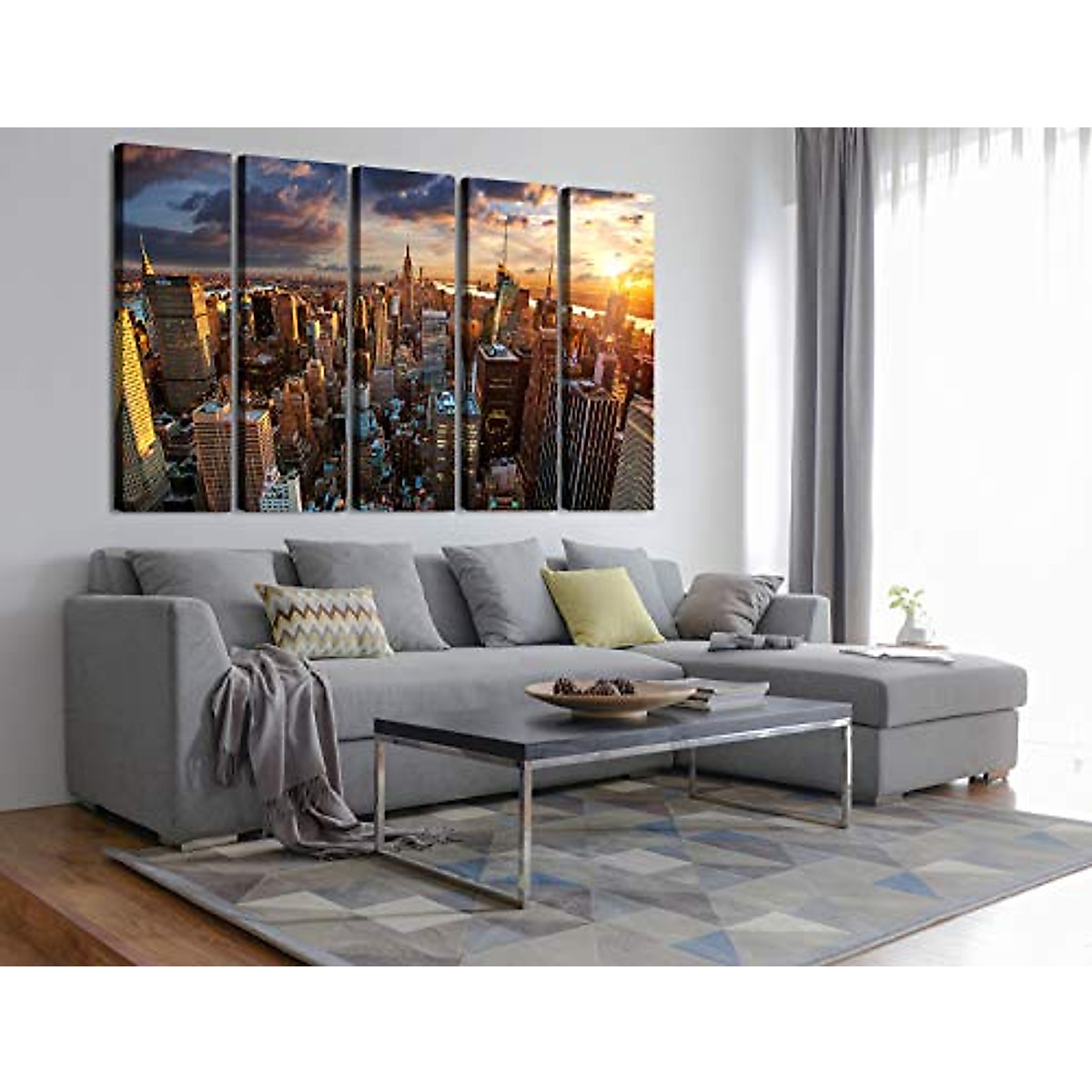 ART New York Sundown Canvas Print, Large Wall City Landscape, Extra Large Cityscape Big Apple New York Wall Print - 60x32 Inch Total