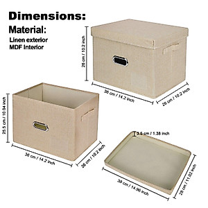 Foldable Storage Boxes with Lids Linen Fabric Collapsible Clothing Bin Organizer Baskets Containers with Carry Handles Transparent Slot Design for Home Bedroom Office Kids Room (Khaki, 3 Pack)