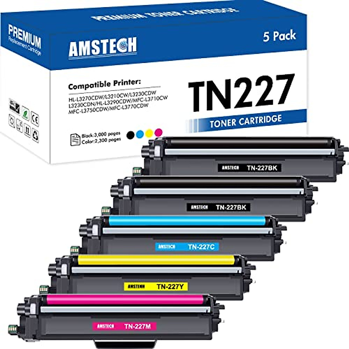 TN227 TN-223BK/C/M/Y Toner Cartridge 5 Pack Compatible for Brother TN-227BK/C/M/Y TN-223 TN223 BK/C/M/Y for MFC-L3710CW MFC-L3750CDW MFC-L3770CDW HL-L3270CDW HL-L3290CDW HL-L3210CW HL-L3230CDW Printer