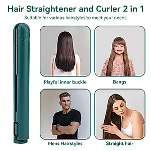 2 in 1 Hair Straightener and Curler, Mini Hair Curler USB Ceramics Cordless Heating Straightening Curling Flat Iron (Green)