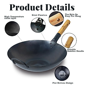 Letschef Carbon Steel Wok 13.5" Pre-seasoned No Coating Flat Bottom Hand Hammered Woks & Stir-Fry Pans with Bamboo and Steel Helper Handle Thickness 1.5mm PFOA Free