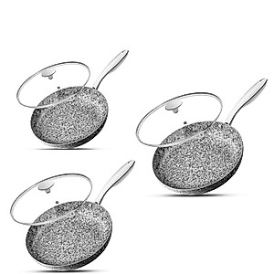 MICHELANGELO 8 Inch &10 Inch + 12 Inch Granite Frying Pan, Stone Skillets, Nonstick Frying Pan with Lid, Nonstick Stone Frying Pans with Non toxic Stone-Derived Coating