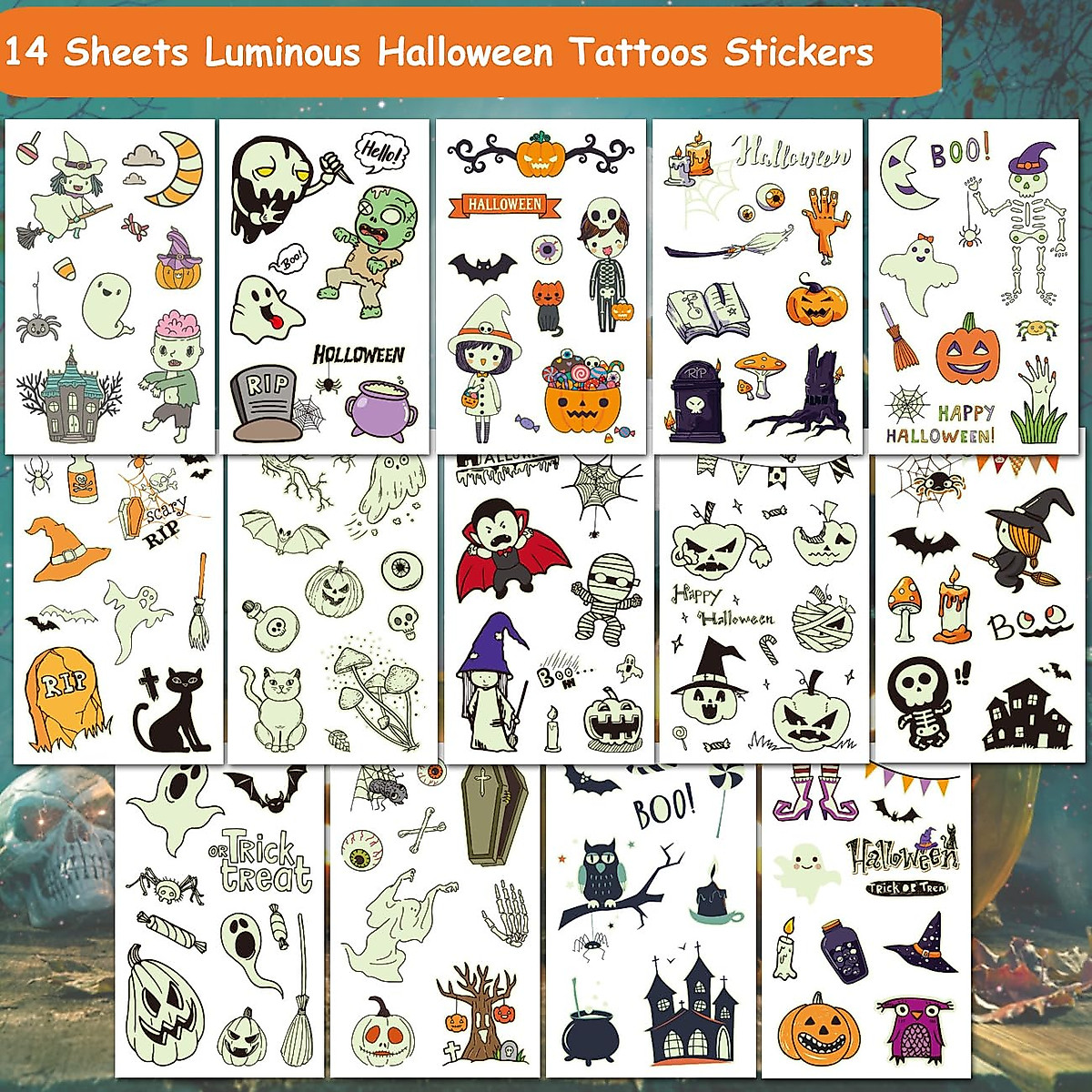 CHARLENT Luminous Halloween Temporary Tattoos for Kids Party Supplies - 120 Styles Glow in The Dark Halloween Pumpkin Skeletons Tattoos for Boys Girls Halloween Party Favors Treats Goodie Bag Fillers