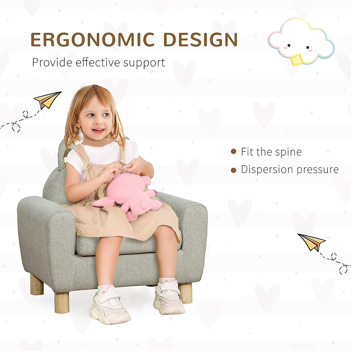 Qaba Kids Sofa, Toddler Armchair and Couch with Cat Ear Backrest and Wooden Legs Preschool, Bedroom, Kindergarten, Grey