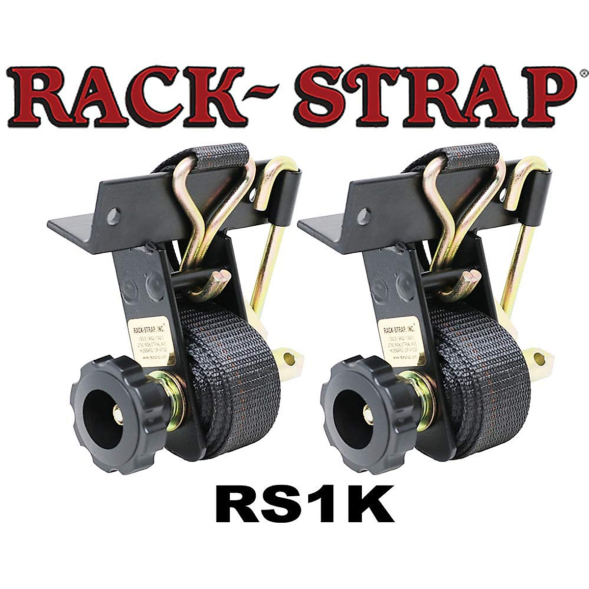 2 Pack, Rack-Strap Ladder Rack Tie-Downs, Right Angle Mounting Bracket, RS1K Black Right Angle Mounting Bracket, Bolt Mounting Hardware Included, 8 Ft Black Strap