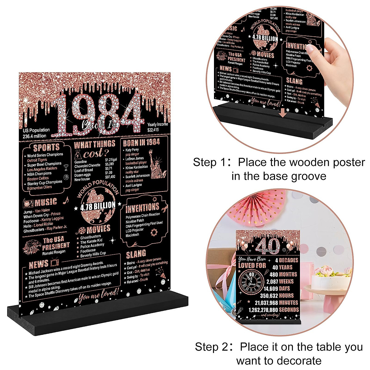 Zirtorei 40th Birthday Decorations Back in 1984 Table Sign for Women, Rose Gold Two-Sides 40 & Fabulous Wooden Poster with Stand Party Supplies, Forty Years Old Bday Display Holder Table Decor