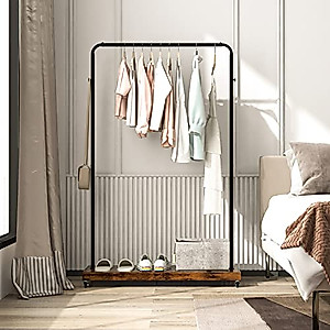 Tangkula Clothes Rack on Wheels, Industrial Pipe Style Rolling Garment Rack with Bottom Storage Shelf & 5 Hanging Hooks, Clothes Organizer with Sturdy Metal Frame for Bedroom Laundry Room