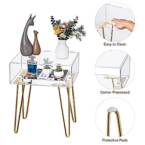 HMYHUM Small Acrylic Nightstand with Metal Legs, 15.6'' L x 11.6'' W x 19.5'' H, Bedside Table for Small Spaces for Bedroom, Easy Assembly, Modern, Clear & Gold