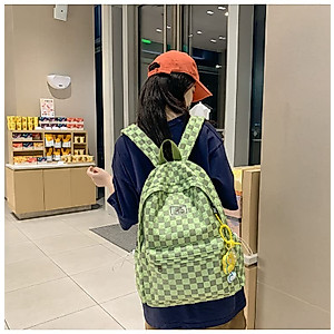 Kawaii Backpack with Cute Duck Pendant, Aesthetic Checkered School Bags BookBag Japanese Ita Bag Daypack (Green), One Size