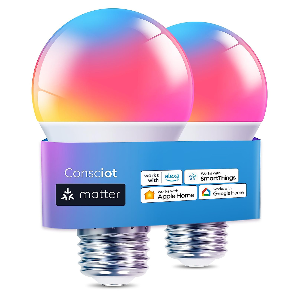 Consciot Smart Light Bulbs,WiFi Bluetooth Bulbs Works with Alexa/Google Home/Siri/SmartThings, RGBTW Color Changing LED Light Bulb, Music Sync Smart Bulbs E26 9W 800LM A19 Matter Smart Bulb, 2 Pack