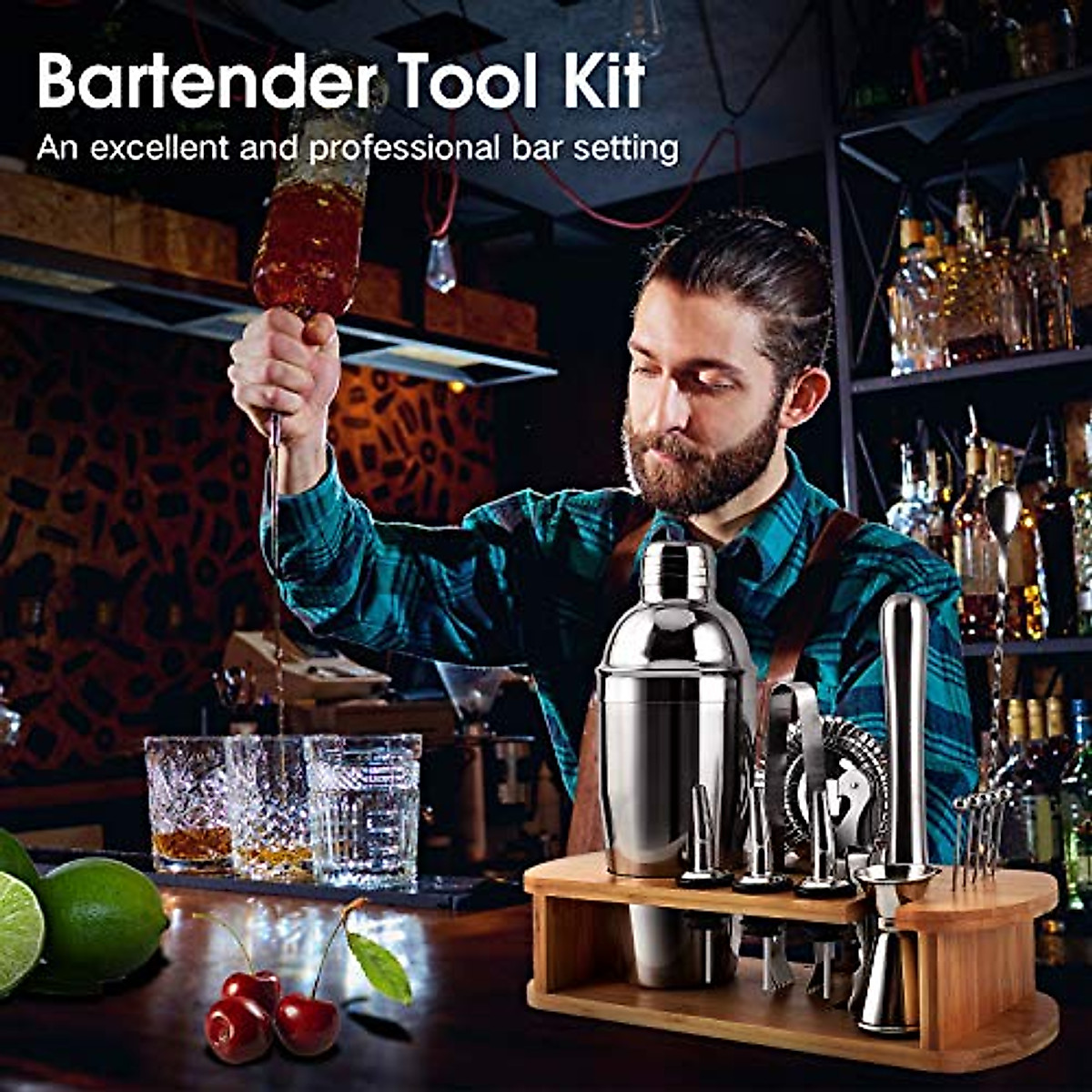 Bartender Kit, EPTISON 16-Piece Stainless Steel Cocktail Shaker Set with Stylish Bamboo Stand & Cocktail Recipes Booklet, Professional Bar Tools for Drink Mixing, Home, Bar, Parties