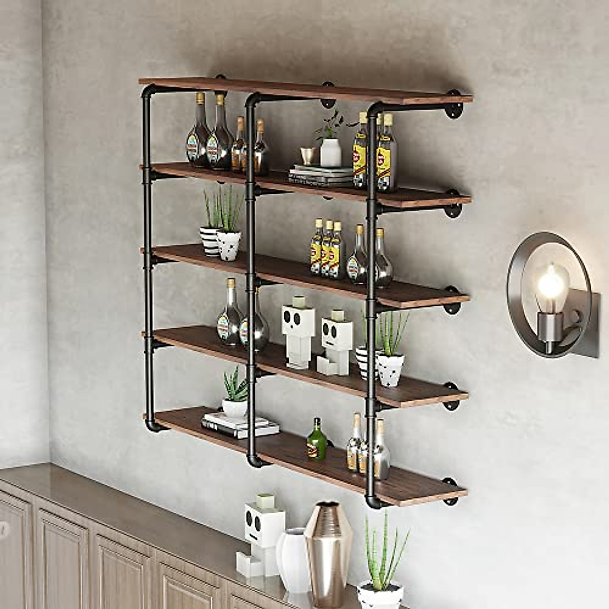 LBSLMJB Industrial Iron Pipe Shelving 5-Story Rustic Black DIY Open Pipe Shelves with Wood Planks Bookshelf, Wall Mount Hanging Steampunk Storage Office Room Kitchen Shelves