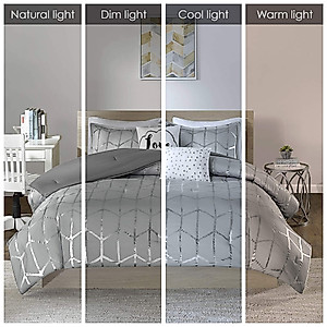 Intelligent Design Raina Duvet Set Metallic Print Geometric Style Embroidered Toss Pillows Modern Trendy All Season Comforter Cover Bedding-Set with Matching Sham, Full/Queen, Grey/Silver 5 Piece