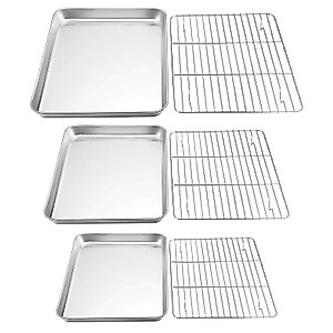 TeamFar Baking Sheet with Rack Set, Stainless Steel Cookie Sheet Baking Pans with Cooling Rack, Non Toxic & Healthy, Rust Free & Heavy Duty, Mirror Finish & Easy Clean, Dishwasher Safe - 6 Pieces