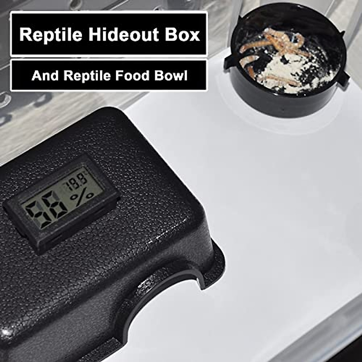 Lucky Interests 2 pcs Reptile Hide Box, Reptile Gecko Cave with Texture, Reptile and Amphibians Hide Hideout Houses for Lizard Turtle Gecko Chameleon Spider Scorpion with 2 Reptile Food Bowl (S, L)