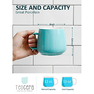 Teocera Porcelain Coffee Mugs Set of 4-12 Ounce Coffee Cups with Handle for Hot or Cold Drinks like Cocoa, Milk, Tea or Water - Smooth Ceramic with Modern Design, Turquoise