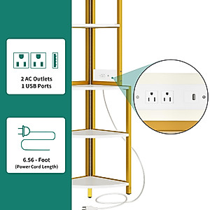 YITAHOME Corner Shelf with Power Outlets & LED Lights & Glass Holder, 5 Tier Corner Bar Rack, Corner Storage Cabinet Display Shelves for Living Room, Dining Room, Kitchen, Gold