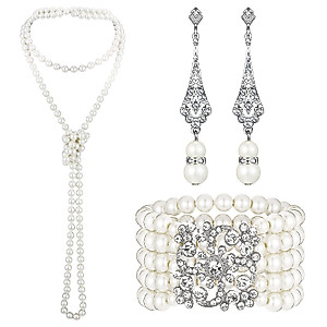 Maitys 3 Pcs 1920s Pearl Jewelry Set Includes Vintage Flapper Earrings Multilayer Imitation Pearl Necklace Bracelet for Women(Charming)