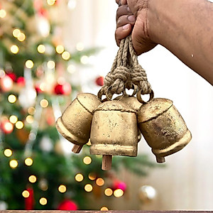 4 inch Giant Harmony Cow Bells Huge Vintage Handmade Rustic Lucky Christmas Hanging jingle bells (Country Rustic, Large) Set of 4 Handmade Bells with Jute Rope