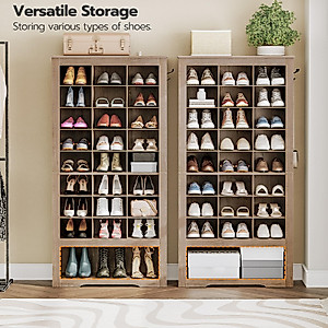 HOOBRO Tall Shoe Cabinet, 9 Tier Shoe Storage Cabinet, Freestanding Wooden Shoe Cabinet Organizer with 24 Cubbies and 3 Hooks, for Entryway, Closet, Living Room, Greige BG24SC01