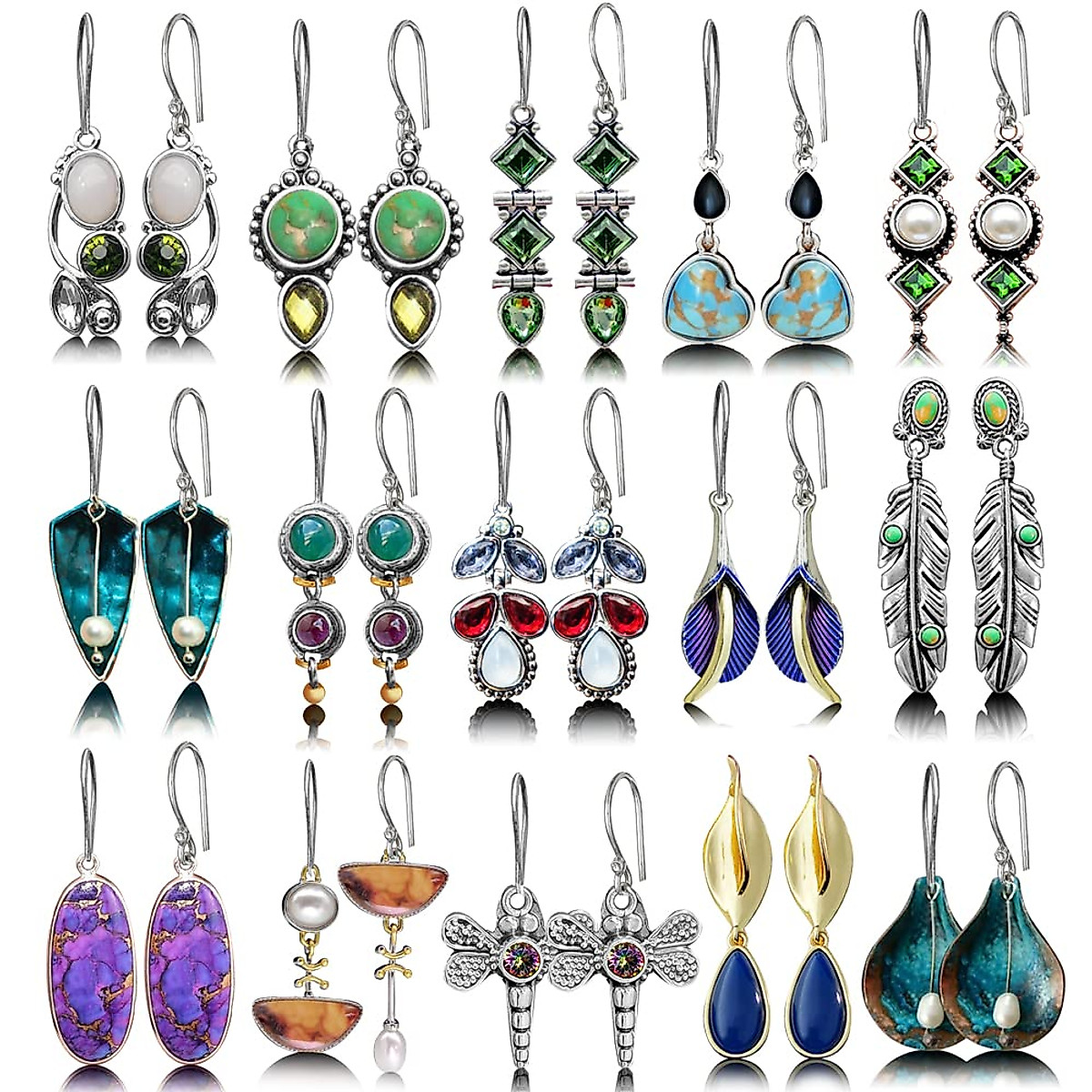 15 Pairs Vintage Boho Retro Teardrop Druse Crystal Drop Dangle Earrings for Women Cubic Zirconia Huggie Hoop Earring Jewelry Set Christmas Gifts (4)