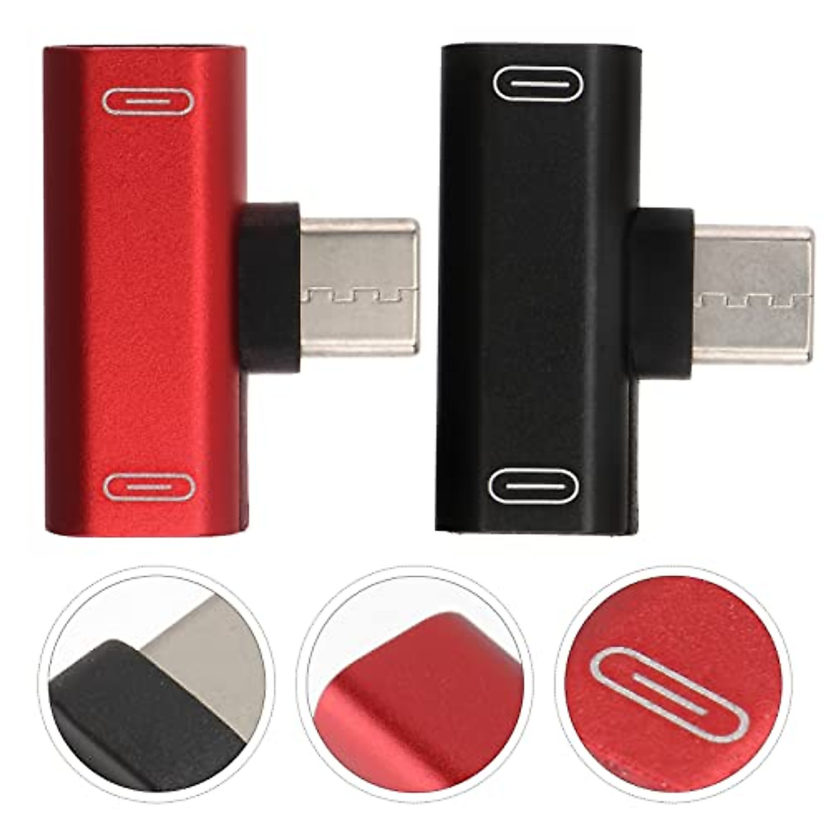 Mikikit Headphone Adapter Audio Charging Adapter Earphone Charging Splitter 2 in 1 Type C Male to Dual Female Headphone Charging Converter (1 Red Black) 2pcs