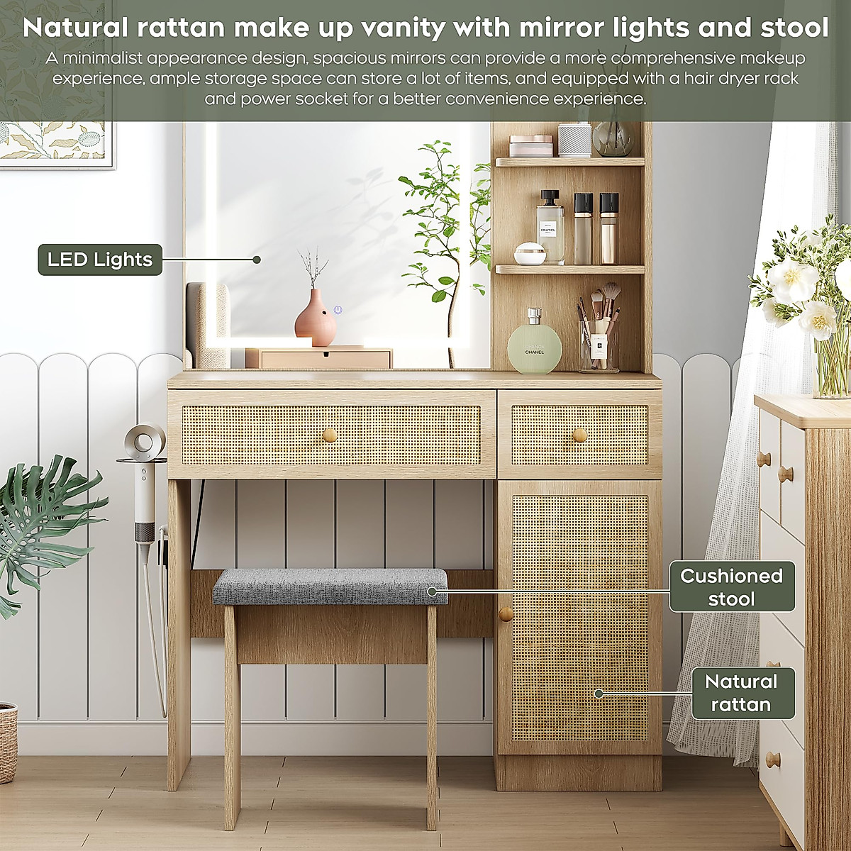 Yechen 35" Boho Makeup Vanity Table with LED Lighted Mirror & Power Strip, Wooden Dressing Table Set with Rattan Drawers, Storage Shelves and Cushioned Stool for Bedroom, Perfect for Girls Women Gift